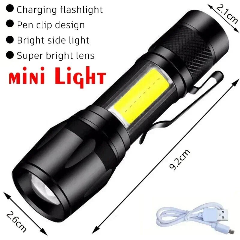 Mini Torch, черный тактический фонарь с боковым светом, Type-C