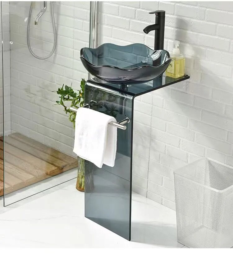 Раковина тюльпан из стекла, круглая форма, прозрачный серый цвет, для ванной, 40x40x83 см