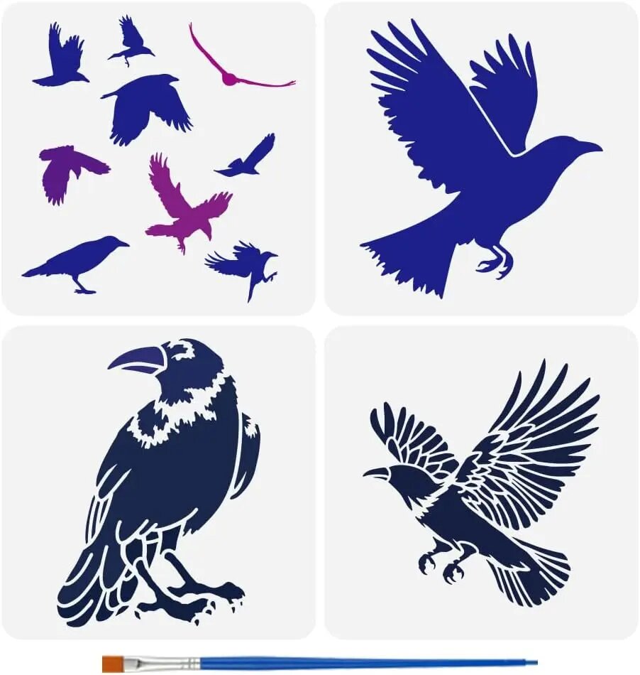 4 Шт, Трафарет «Летающая Ворона», 11,8x11,8 Дюймов, Черный Шаблон Птицы Для Рисования