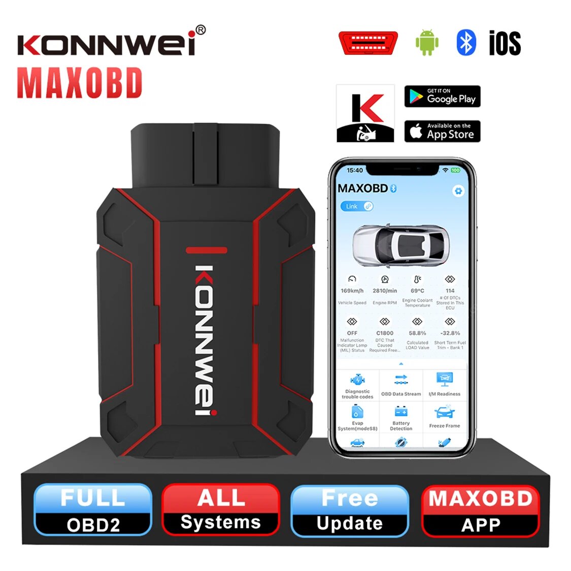 Диагностический сканер KONNWEI MAXOBD Bluetooth 5.0 OBD2 2026 года: полный системный сканер для диагностики автомобилей (ABS, DPF, EPB, SAS, SRS, TPMS) и все функции OBD