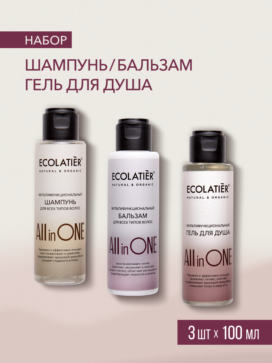 Набор дорожный подарочный 3 в 1 ECOLATIER ALL IN ONE Шампунь для волос, Бальзам для волос, Гель для душа, 3шт х 100мл