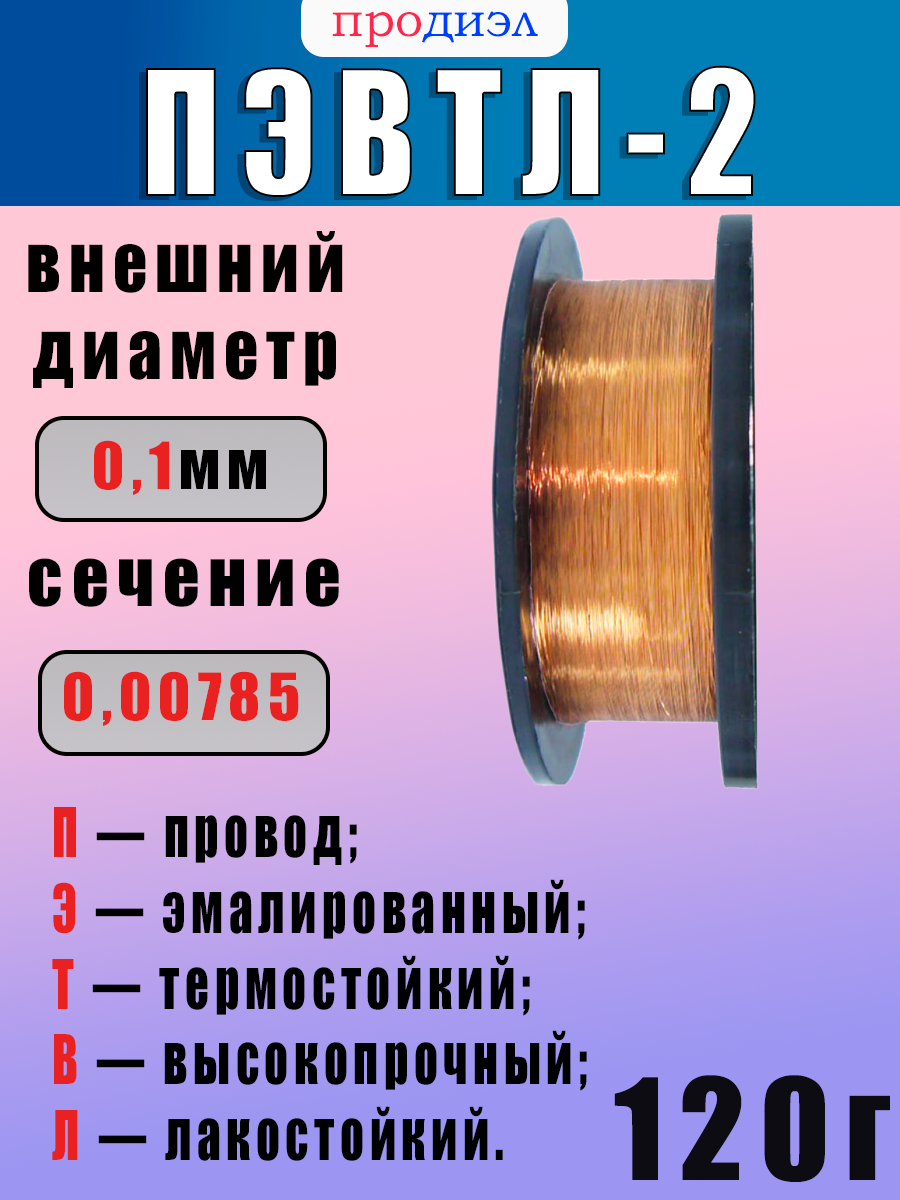 Обмоточный провод продиэл ПЭВТЛ-2 0,1мм, однопроволочная жила, лак, медь