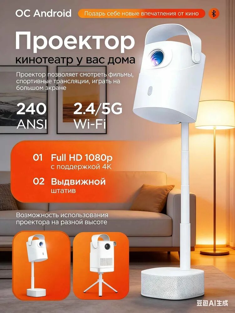Гобо-проектор, слоновая кость. Домашний кинотеатр, Full HD, Wi-Fi, пульт ДУ