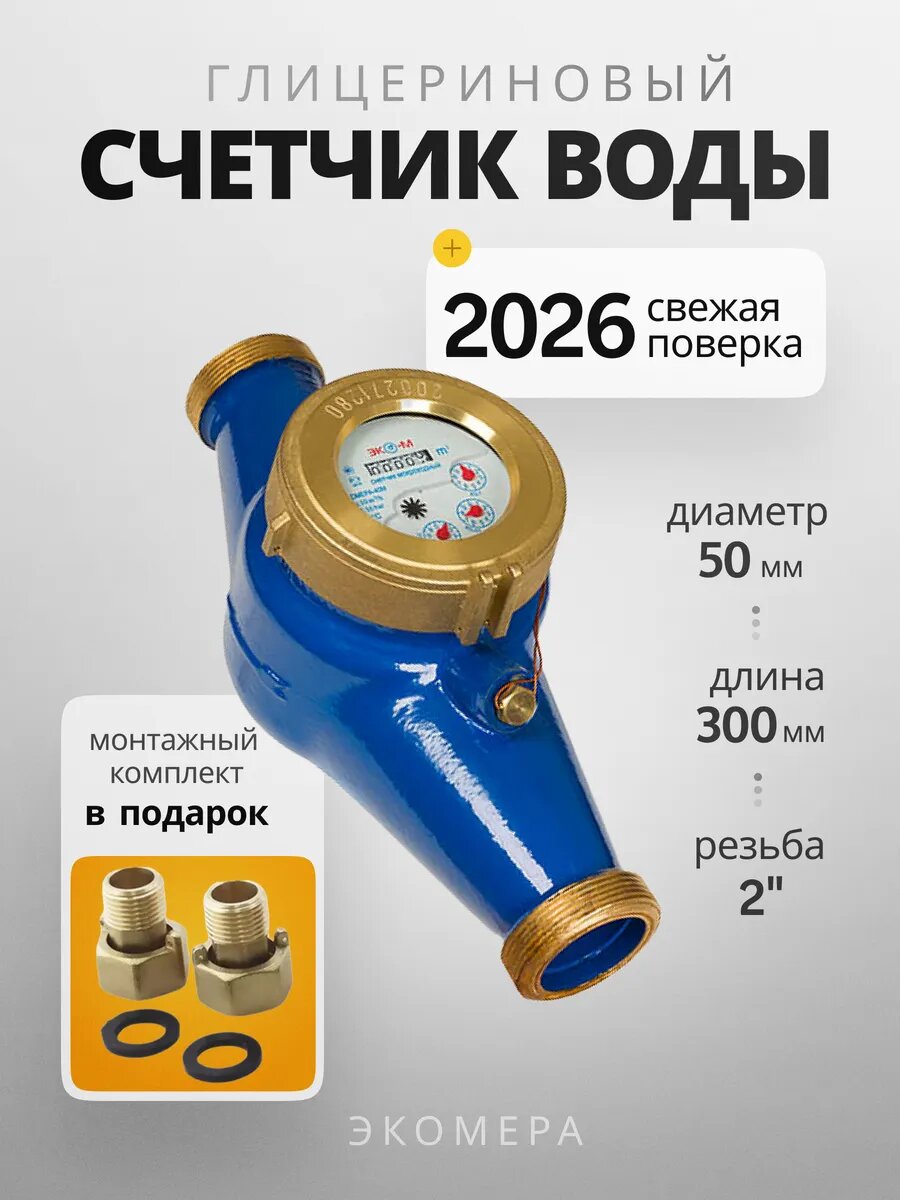 Счетчик для воды в колодец уличный экомера мокроходный глицерин 50М 300 мм, 2" с комплектом монтажных частей