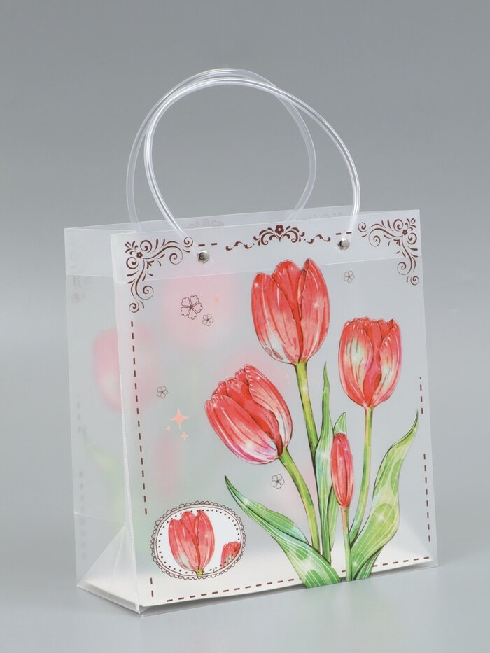 Пакет подарочный прозрачный «Тюльпаны», 22×10×24 см