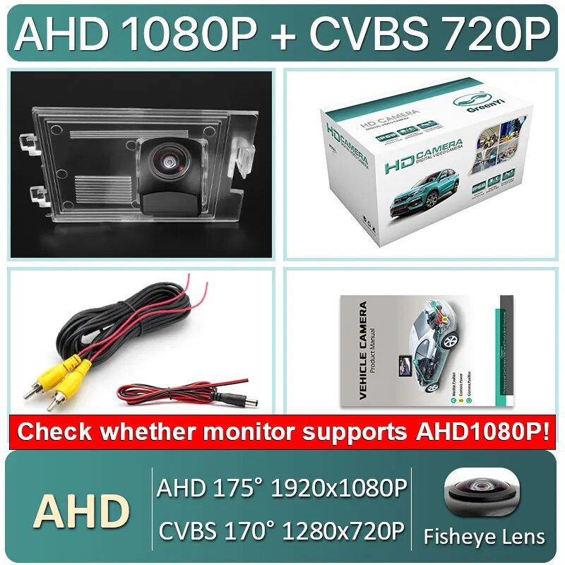 Камера заднего вида GreenYi HD AHD 1080P, объектив «рыбий глаз» 170 градусов для AHD1080P-175deg