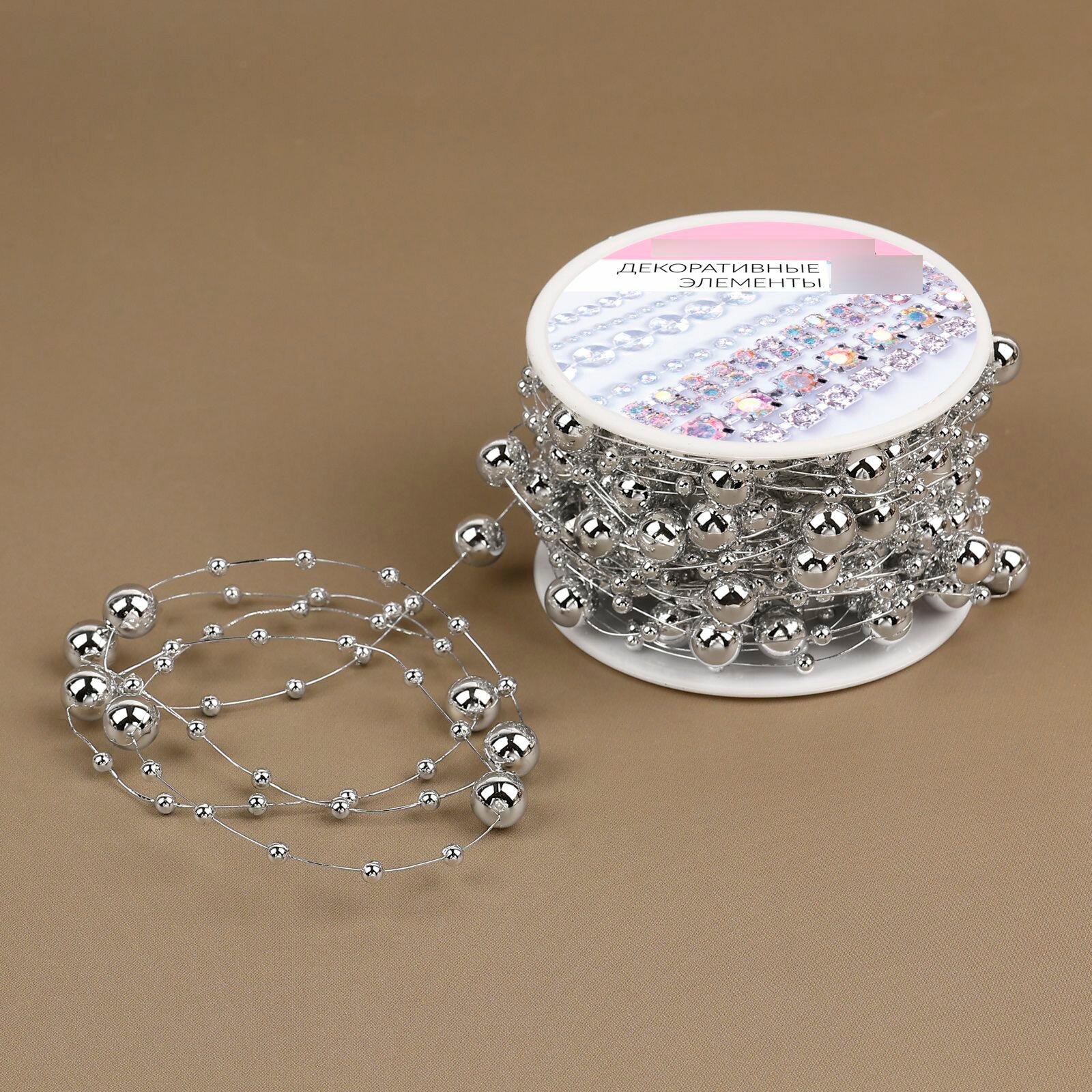 Жемчуг на леске,1 шт. 3/8 мм, 10 1 м, цвет серебряный