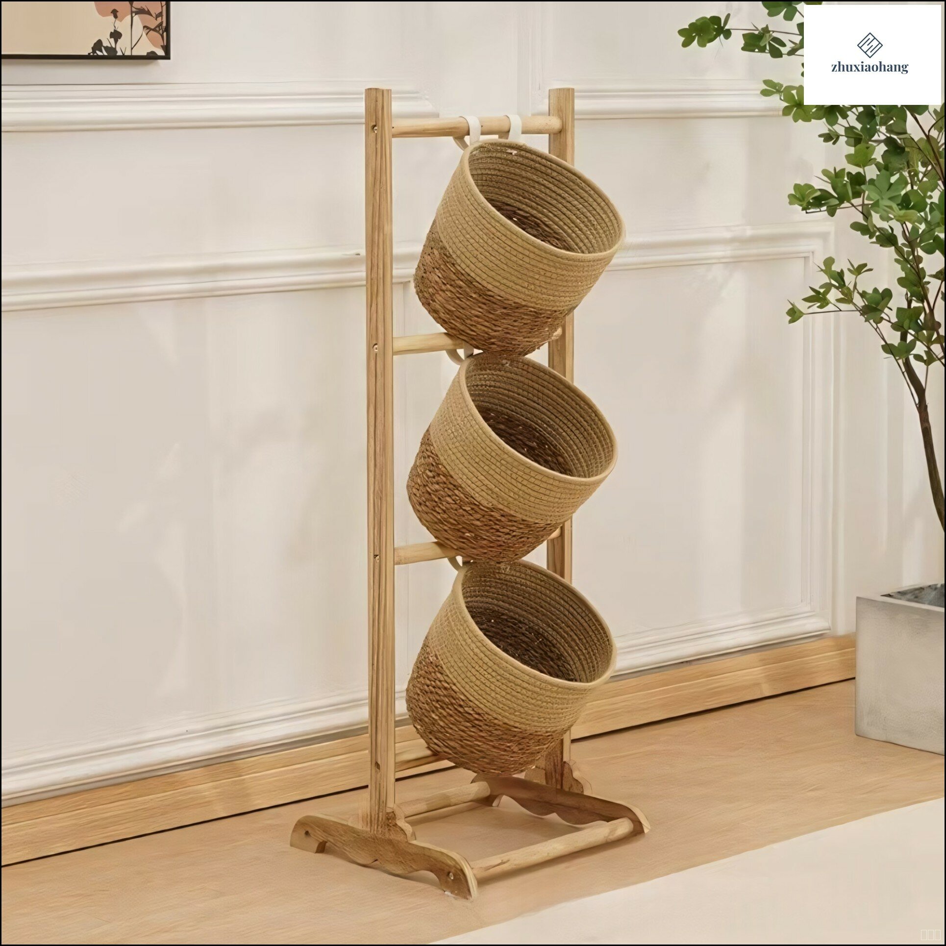 Деревянная этажерка с тремя корзинами из ротанга, цвет пшеничный, 35*35*102 см