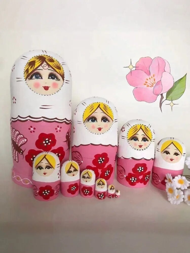 Матрешка розовая, высота 20 см, 10 мест, ручная роспись, деревянная