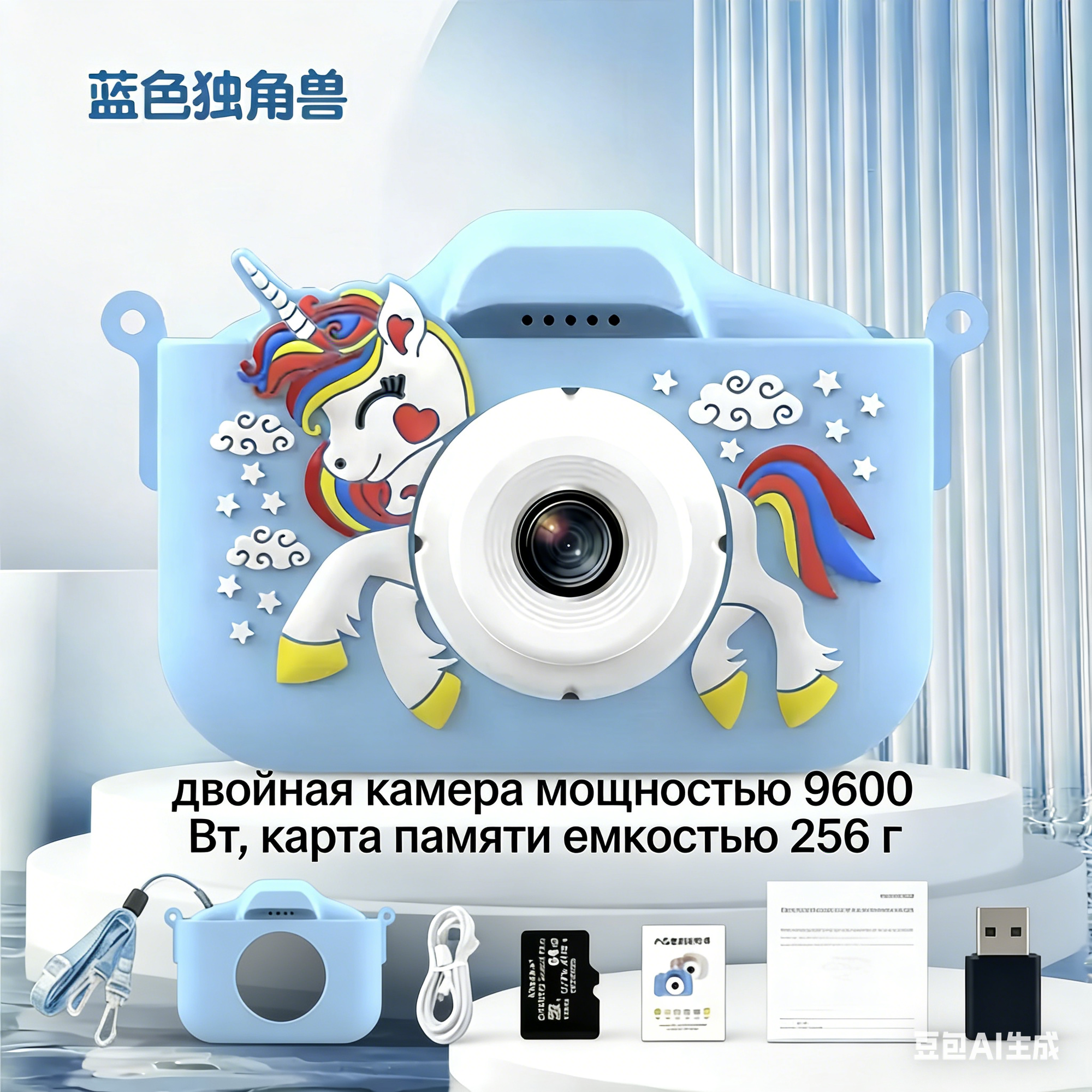Детский фотоаппарат, способный делать снимки, двойная камера мощностью 9600 Вт, карта памяти емкостью 256 г, синий