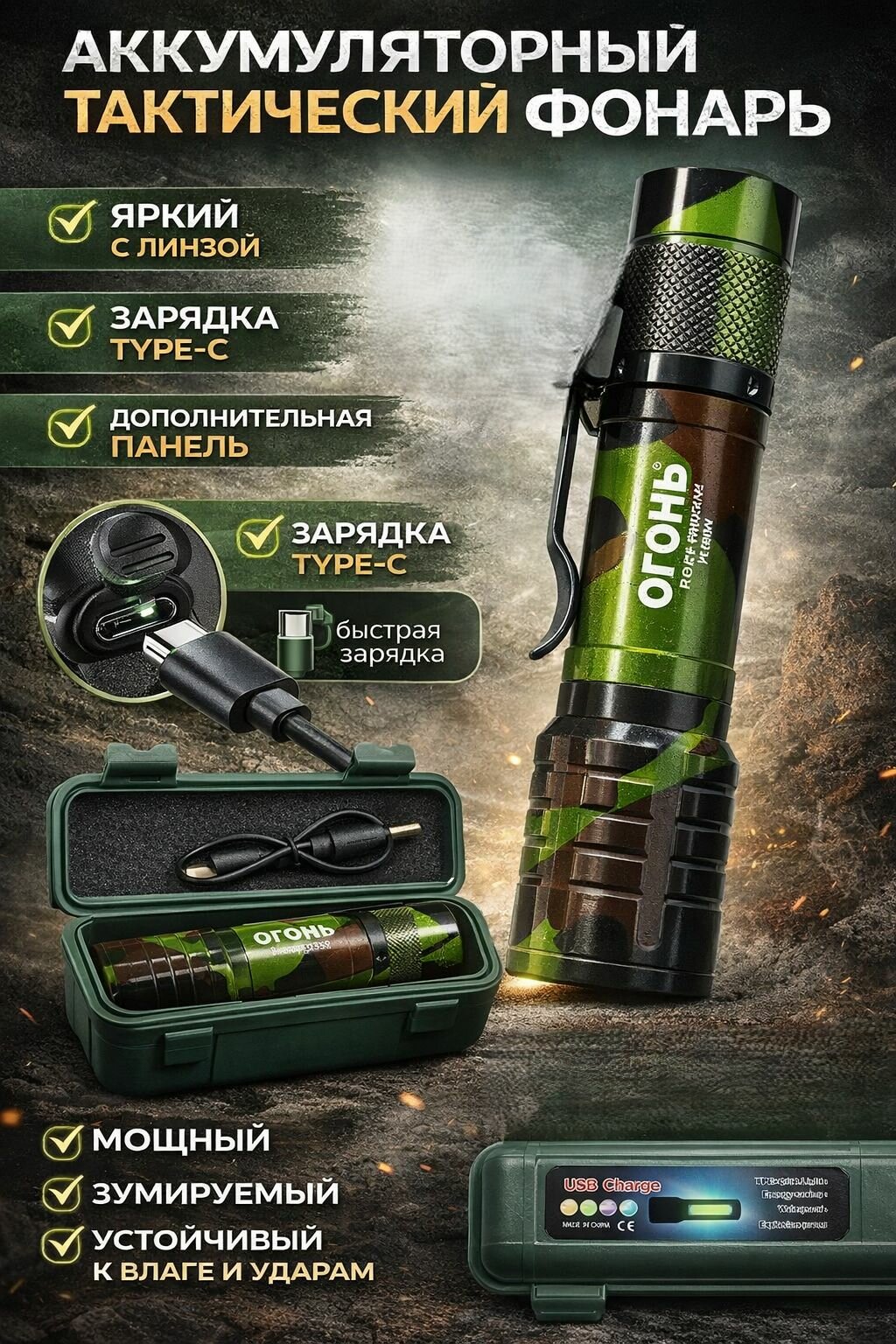 Фонарь с линзой, аккумуляторный, доп. панель, зарядка Type-C