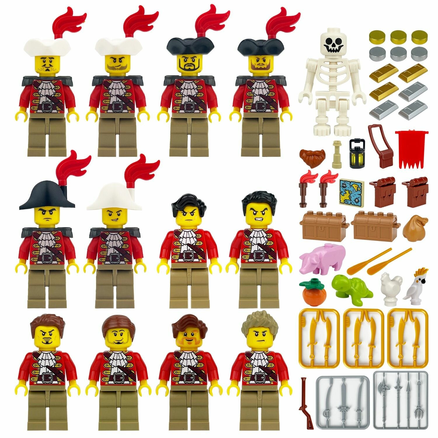 Набор минифигурок Пиратский экипаж / Пираты Карибского моря сундук, скелет, попугай с оружием и аксессуарами совместимы с конструкторами лего 12шт (4.5см, пакет) M8210
