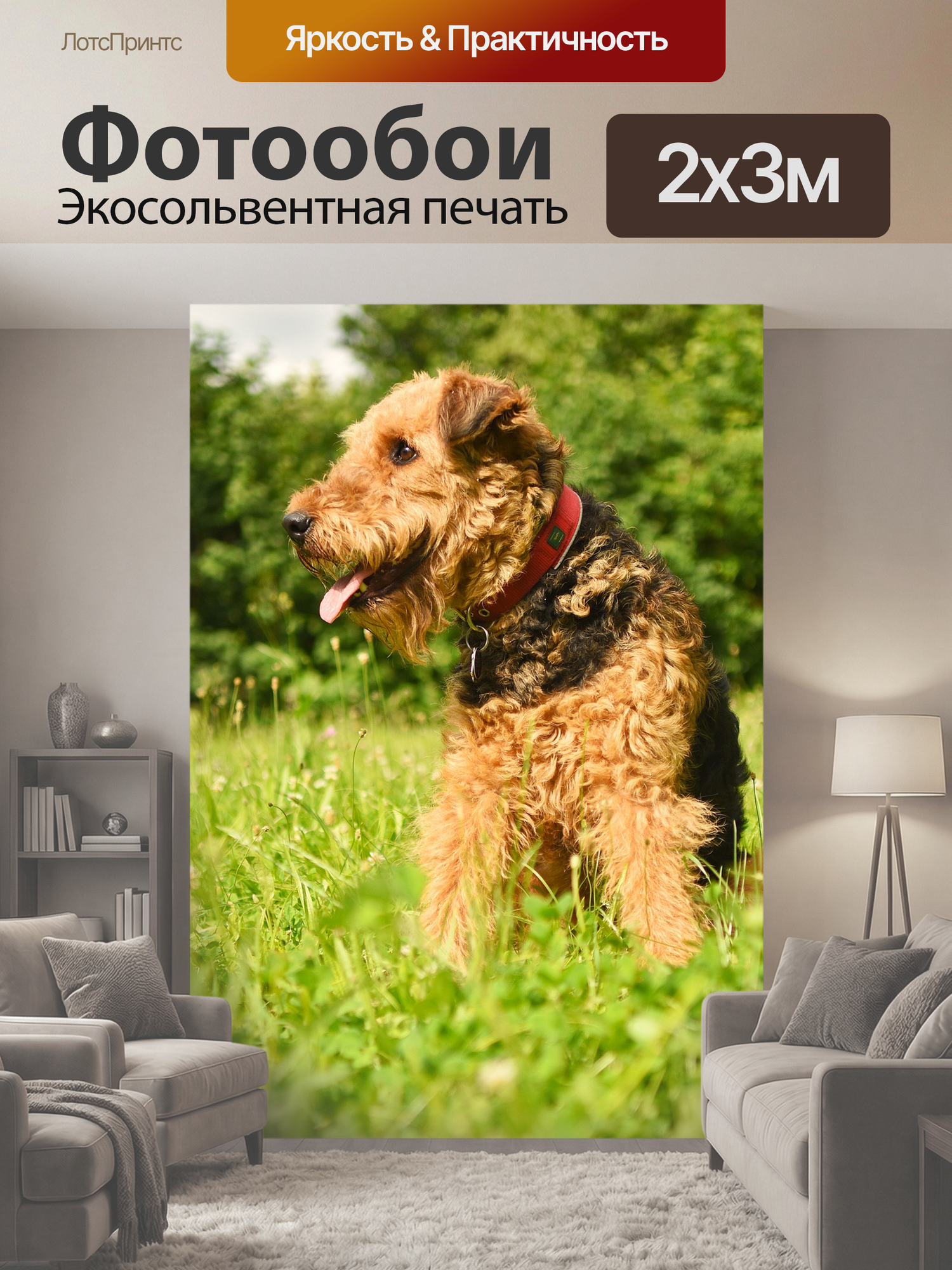 Фотообои "Собака, эрдельтерьер, домашнее животное" 200x300 см. экосольвентная печать