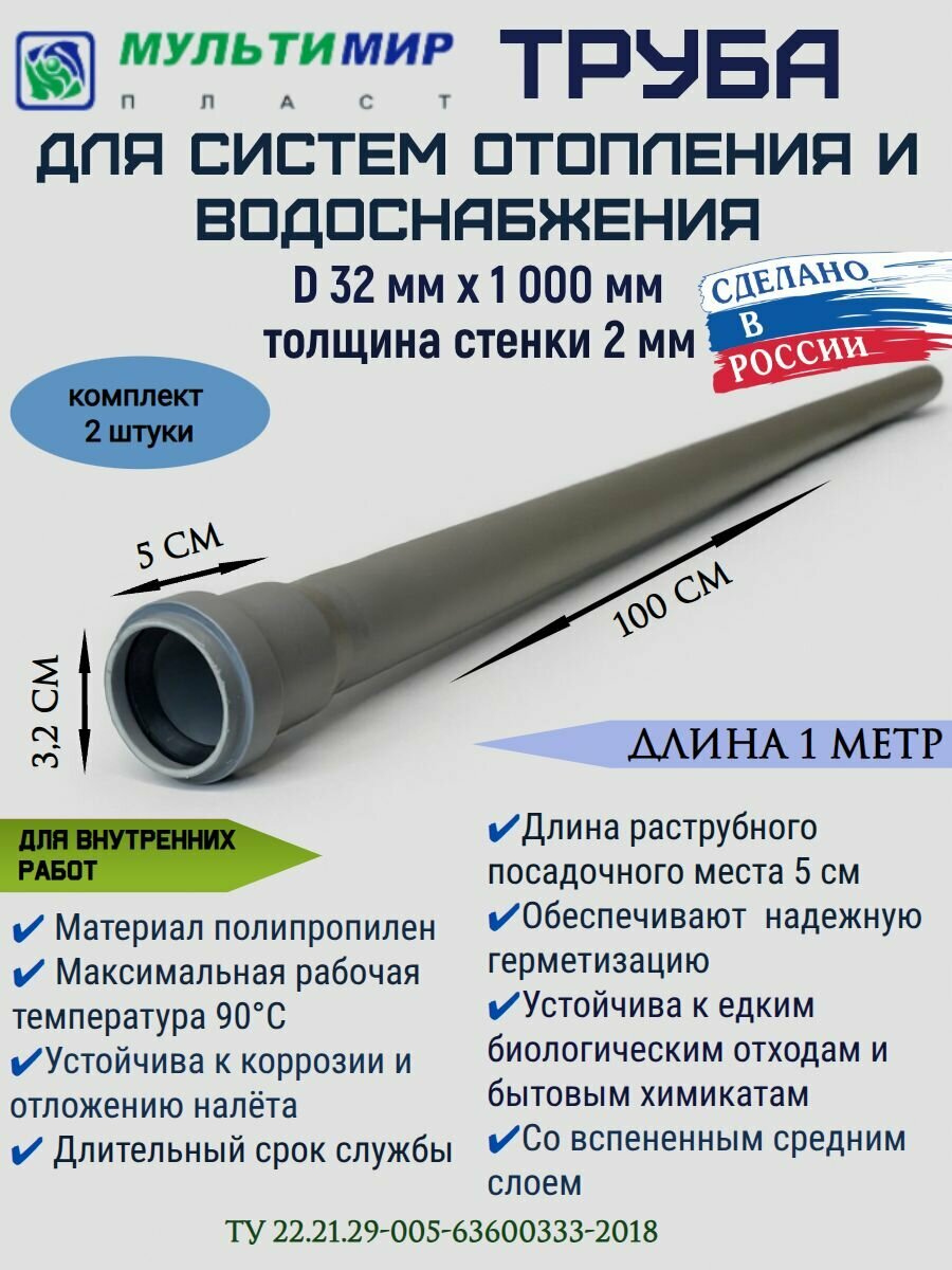 Труба ПП 32 мм х 1 000 мм для систем отопления и водоснабжения МультимирПласт