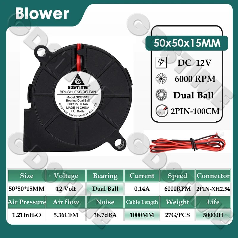 Gdstime 5015 12V вентилятор 6000RPM 2PIN 1M