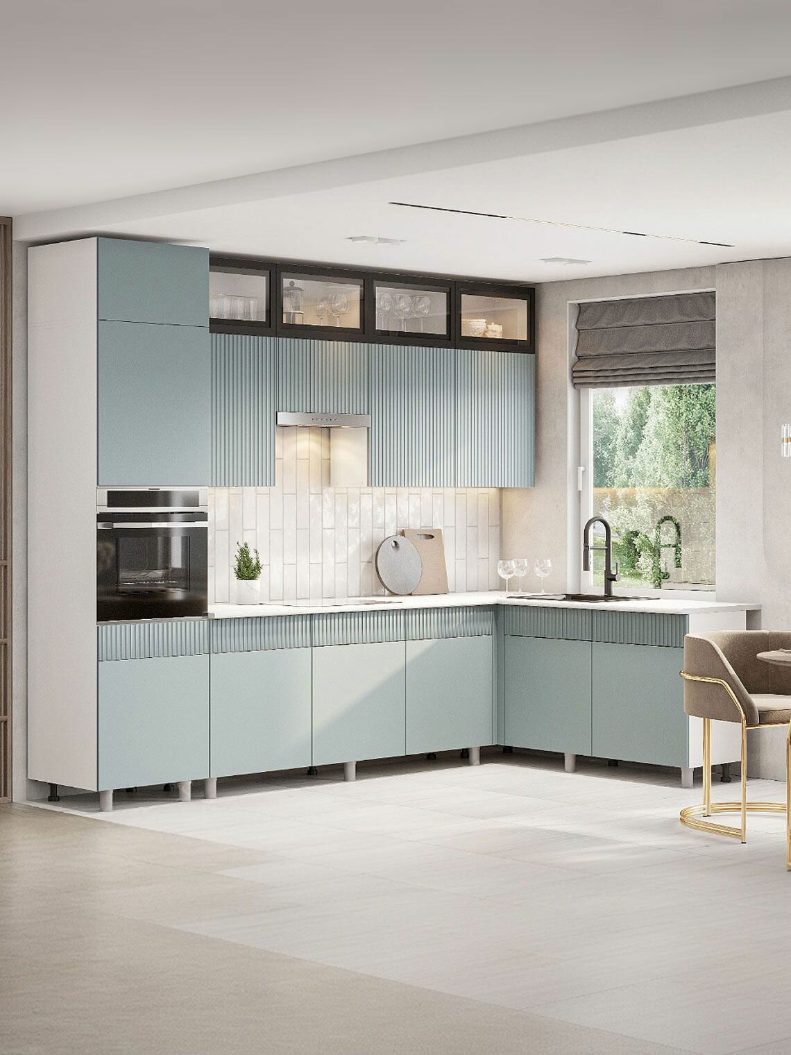 Кухонный гарнитур угловой Амилия 3х1.8 м, мебель для дома и кухни, Белый / Ментол / Черный / столешница Антарес