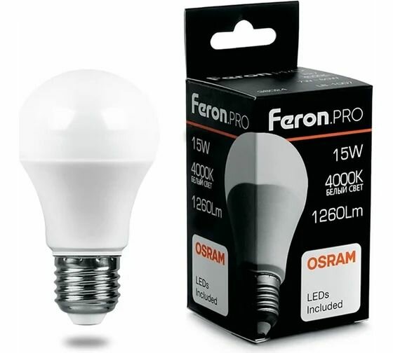 Светодиодная лампа FERON PRO LB-1015 шар E27 15W 4000K OSRAM LED