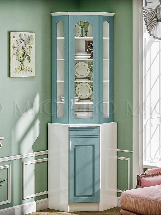 Буфет для кухни Констанция, угловой кухонный шкаф витрина для посуды напольный с фасадами МДФ, 58х225х58 см, Голубой/Белый