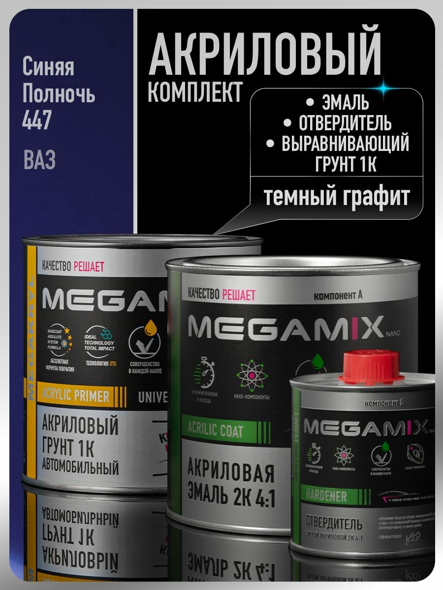 Комплект Акриловая краска автомобильная 2К , Синяя полночь 447, 840мл + Отвердитель 2K 210 мл + Грунт акриловый 1К , темный графит, 800 г