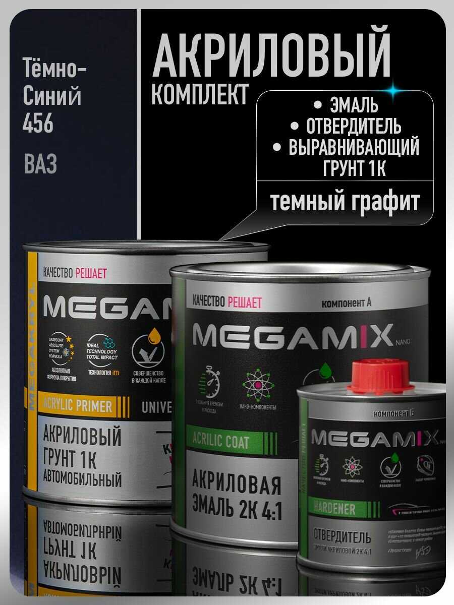 Комплект Акриловая краска автомобильная 2К , Темно-синяя 456, 840мл + Отвердитель 2K 210 мл + Грунт акриловый 1К , темный графит, 800 г