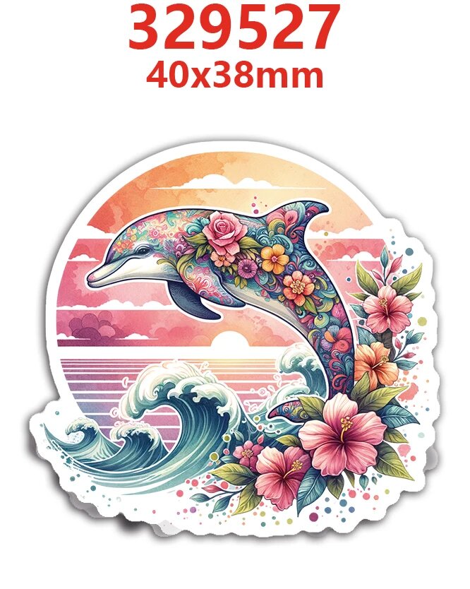 Стикер наклейка дельфин цветы закат 40x38mm PR329527