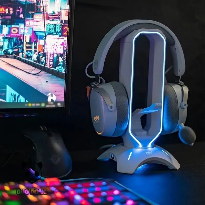 WAIZOWL White Подставка для компьютерных наушников с RGB подсветкой и USB портами / стойка для игровых наушников