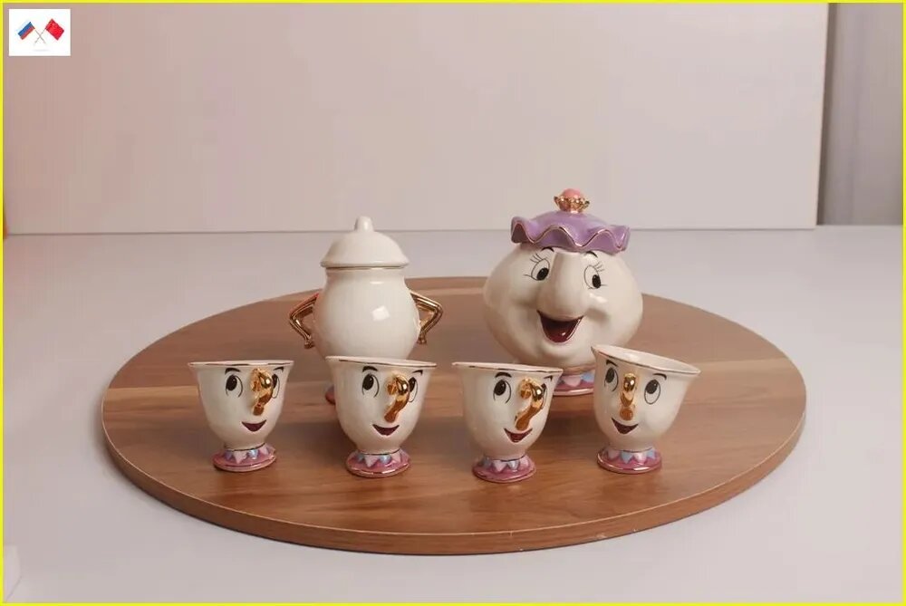 Чайный сервиз Красавица и Чудовище, керамика, 4 чашки, сахарница, герои мультфильма, белый