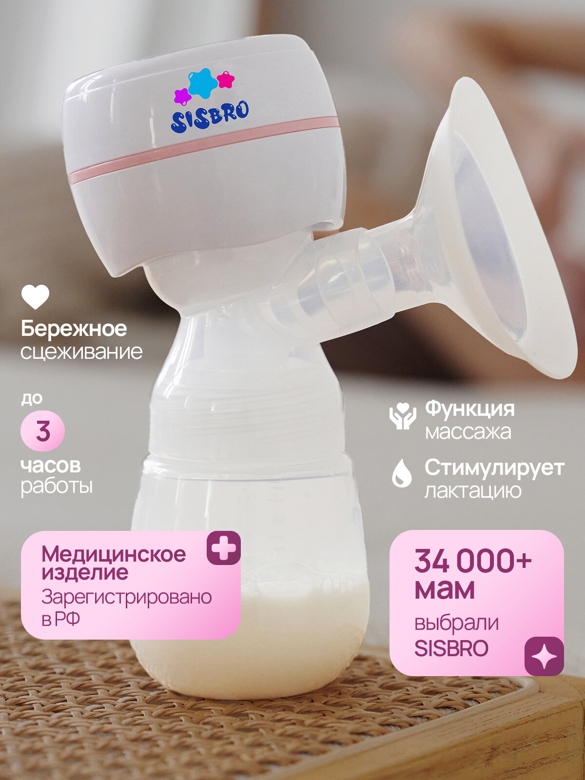 Молокоотсос электрический Sisbro, белый, 3 режима, USB-зарядка