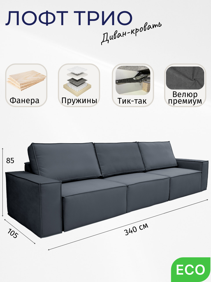 Диван-кровать раскладной Лофт 3, трехмодульный, независимый пружинный блок, Тик-Так, велюр темно-серый, 340 см