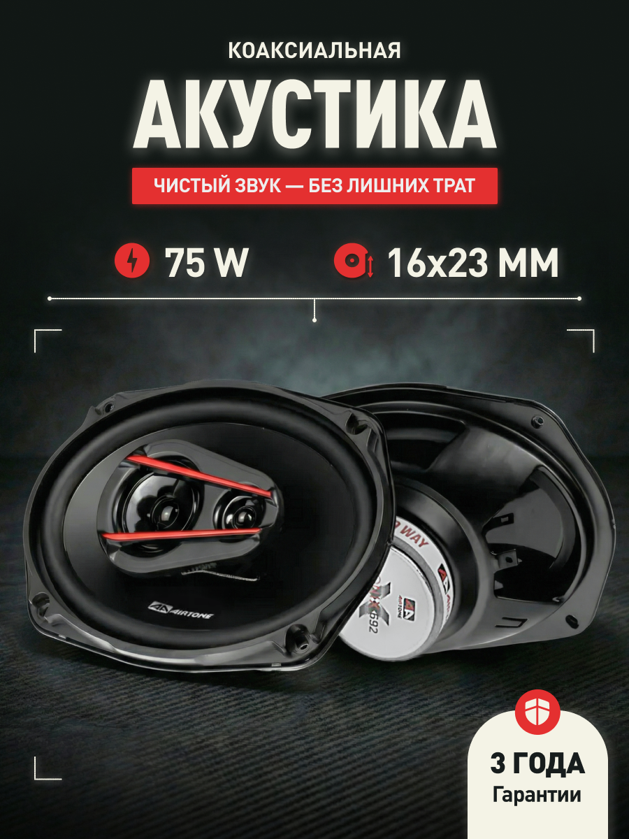 Колонки автомобильные AIRTONE "SONIX 692", коаксиальные, овальные, 15х23см, черные, 2шт