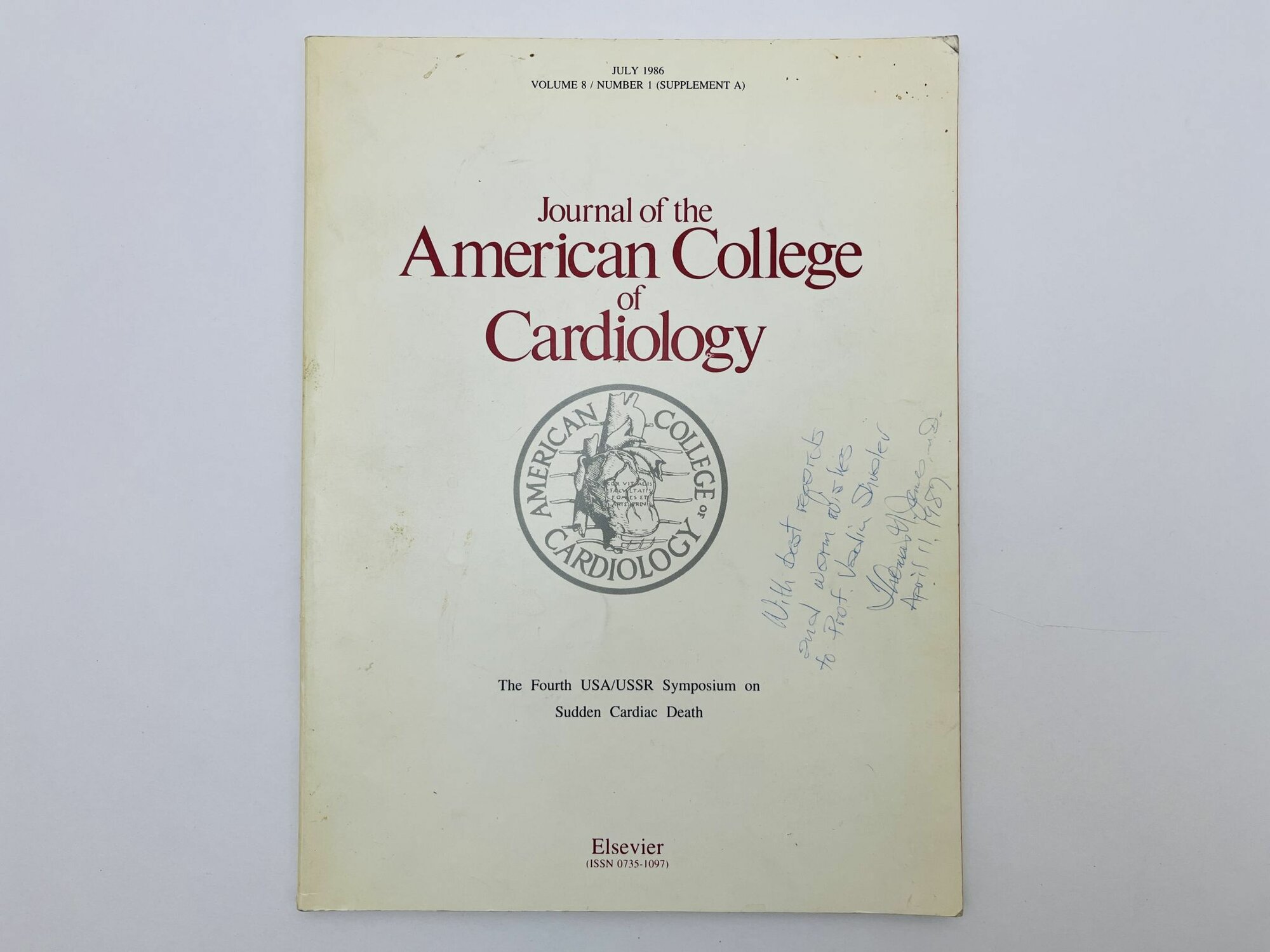 Journal of the American College of Cardiology. Том 8. Номер 1. Июль 1986. Четвертый симпозиум США/СССР по внезапной сердечной смерти Автограф Томаса Джеймса профессору Швалеву