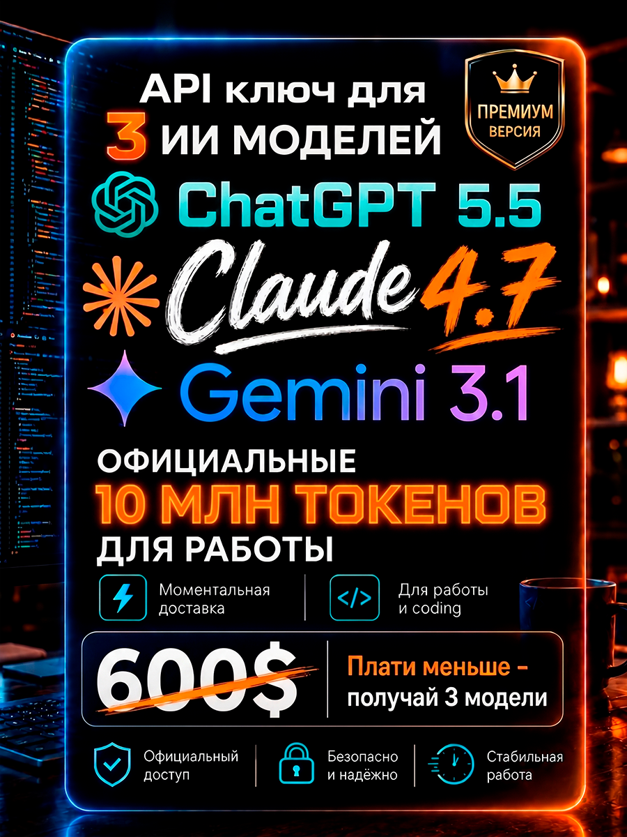 ChatGPT 5.5 + Claude Opus 4.8 + Gemini 3.1 PRO API-ключ 10 МЛН токенов|Официальный API ключ на все модели 10 млн токенов