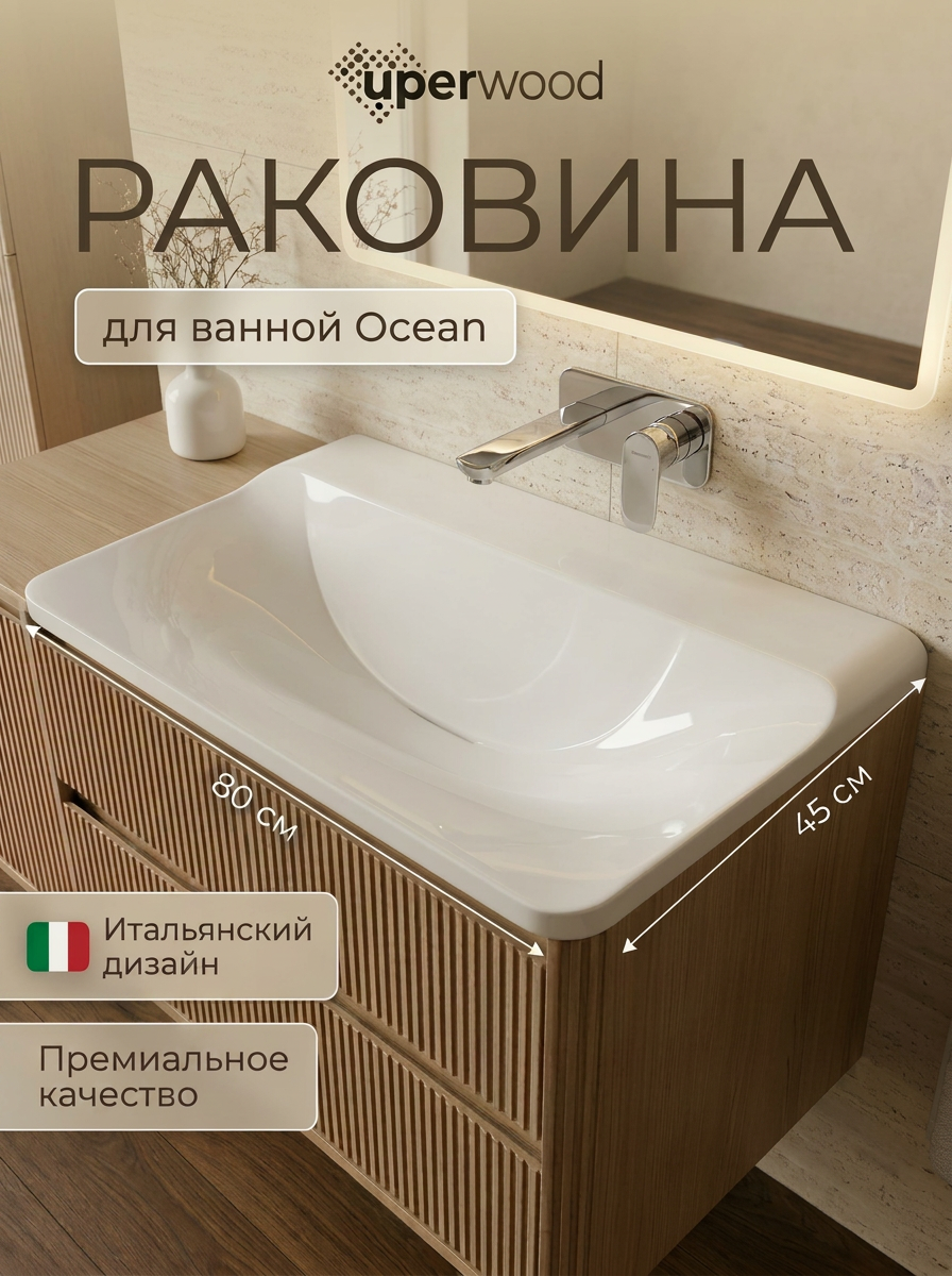 Раковина Uperwood Ocean, в ванную, без отверстия под смеситель, белая глянцевая, 80 см