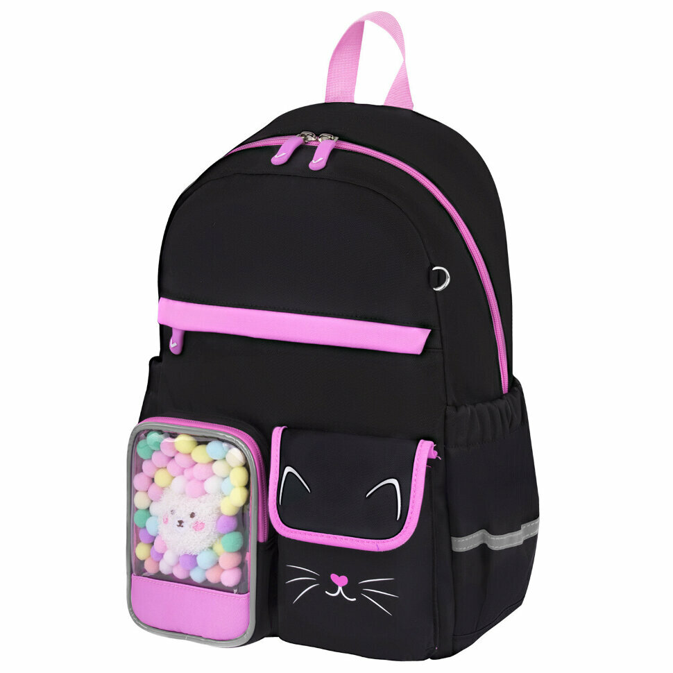 Рюкзак BRAUBERG PASTEL с термонашивками в комплекте, "Black kitty", черный, 40х29х14 см, 273128, 273128