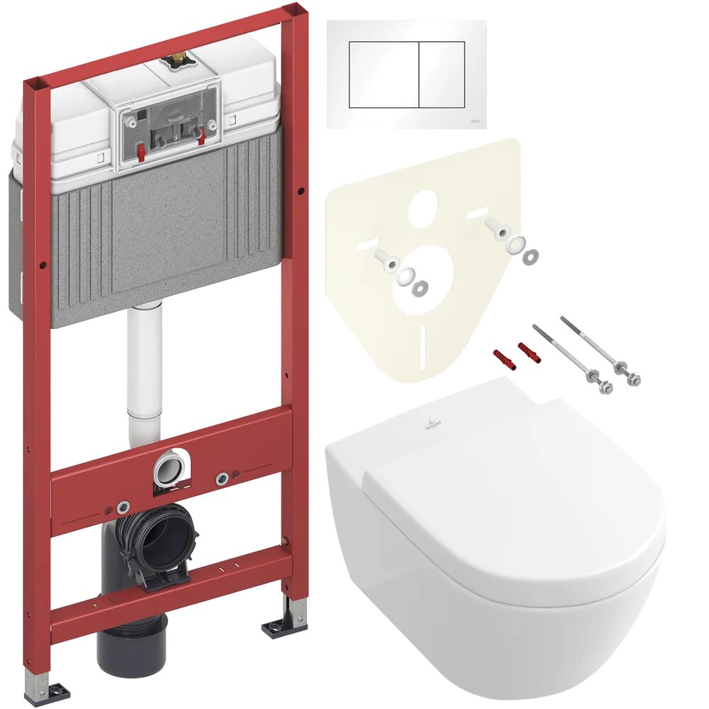 Комплект 3 в 1 Унитаз подвесной Villeroy & Boch Subway 2.0 5614 R001 / Сиденье 9M68 S101, с микролифтом, петли хром / Инсталляция с кнопкой TECE Base 9400413 цвет белый