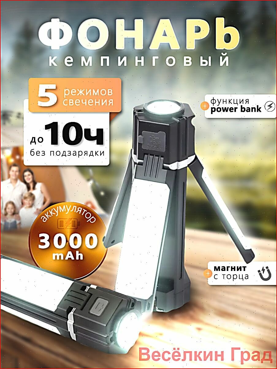 Фонарь кемпинговый аккумуляторный подвесной на магните, фонарик для кемпинга туристический походный в палатку