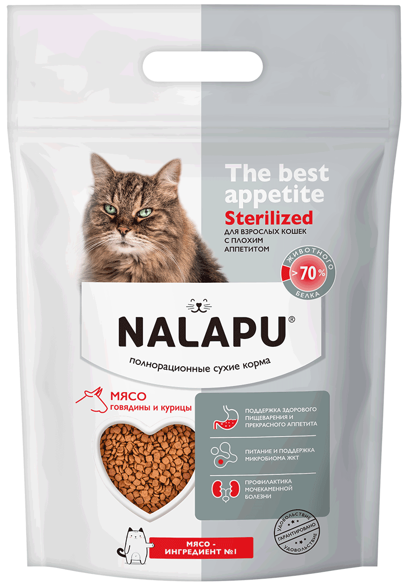 Корм сухой Nalapu The Best Appetite Sterilized для взрослых кошек с плохим аппетитом, говядина, курица, 1,2 кг