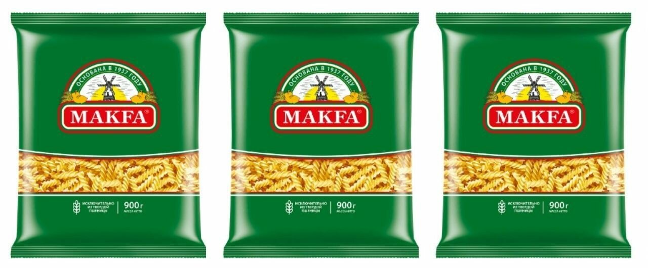 Makfa Макаронные изделия Спирали, из твердых сортов пшеницы, 900 гр, 3 шт.
