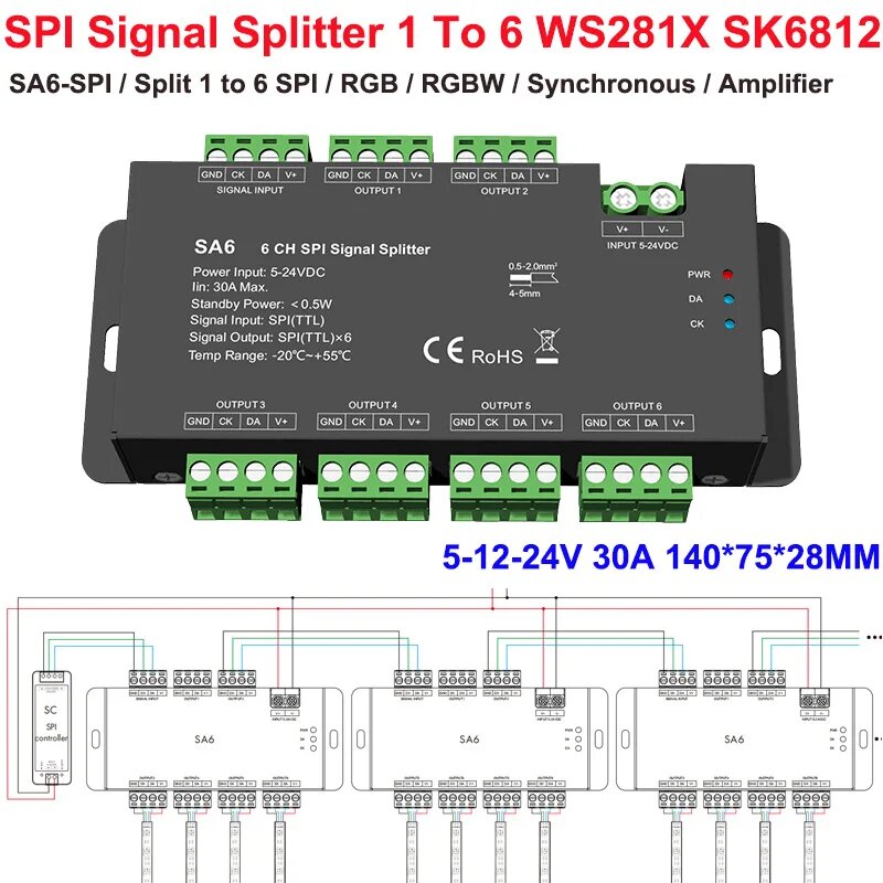 SUNSPURT SPI/RGB/RGBW контроллер лестничного освещения 5 PCS, SA6 SPI 1 TO 6 Split