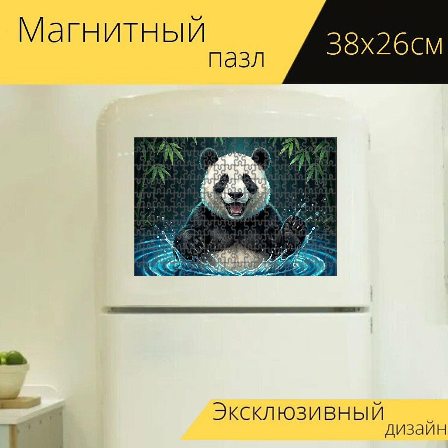 Магнитный пазл "Веселая панда в лесу. Очаровательный бамбуковый медведь в густых зарослях, с яркими водяными брызгами и светящимися зелено-синими оттенками." для интерьера, 38х26 см.