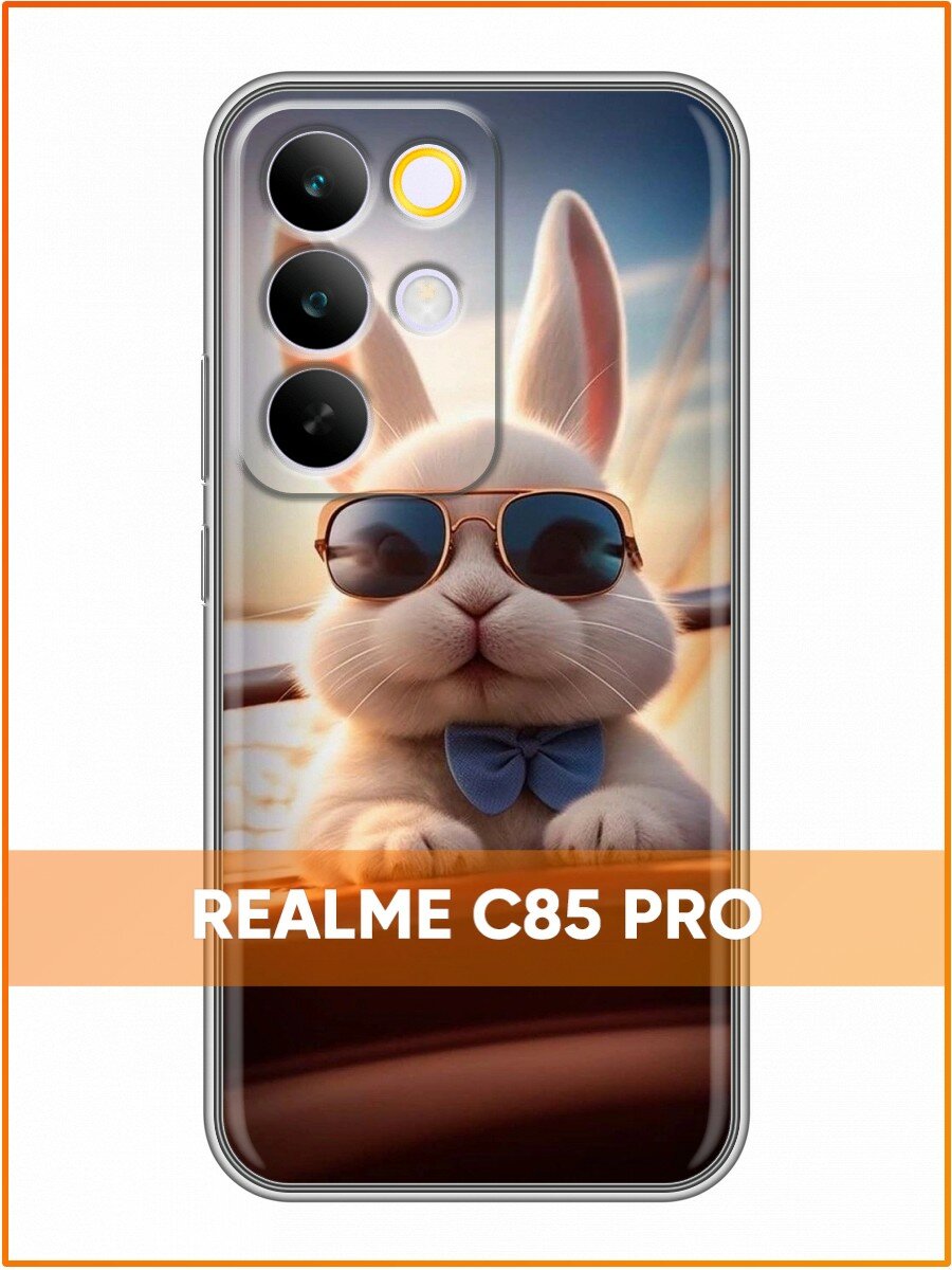 Чехол для Realme C85 Pro с принтом для детей со смешным зайчиком в очках на лодке (Реалми С85 Про)