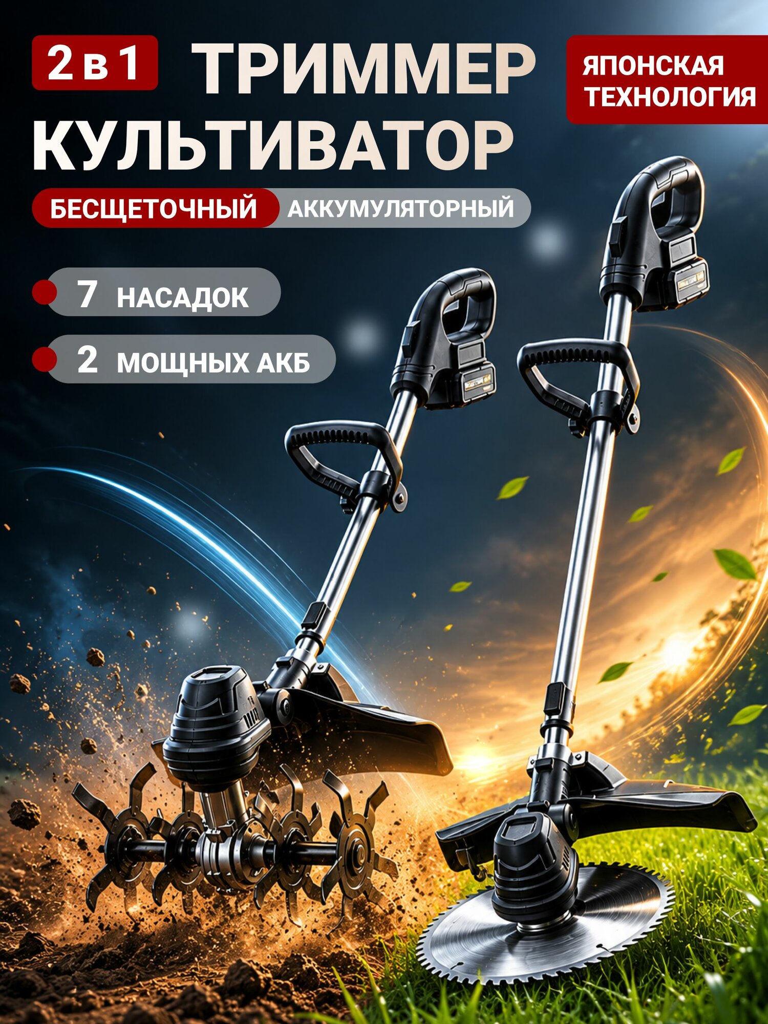 Бесщеточный Триммер/Культиватор аккумуляторный 2 в 1