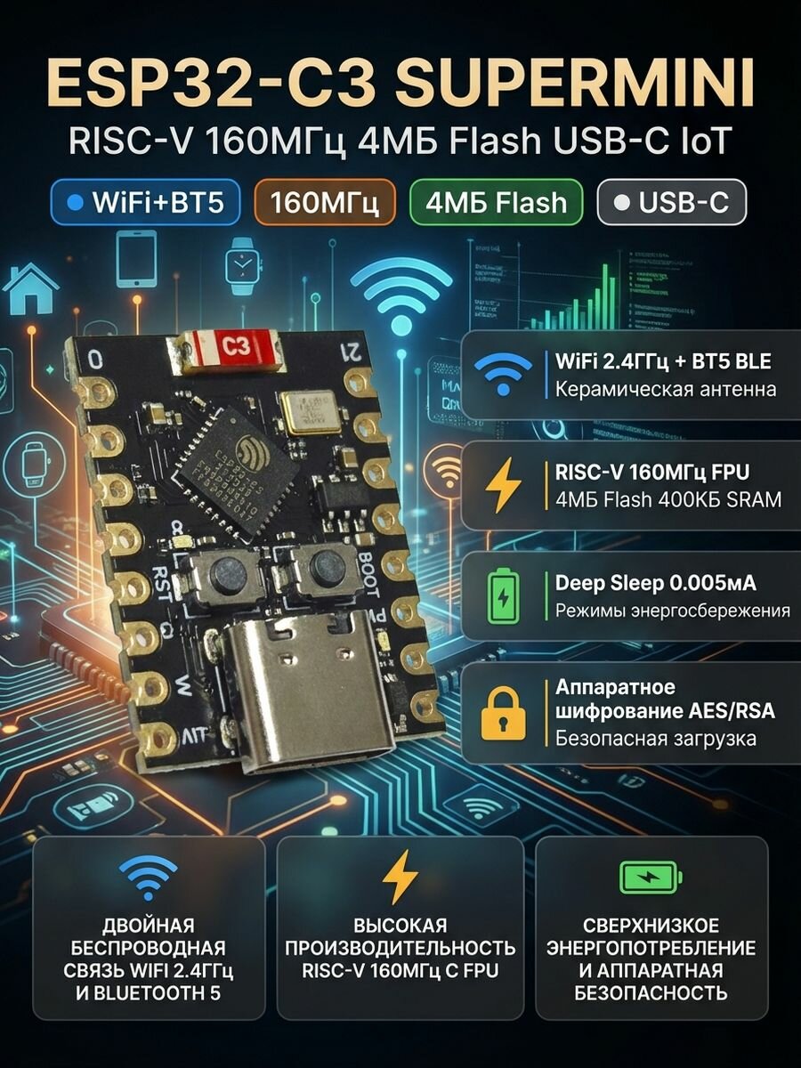 Плата разработки ESP32-C3 SuperMini Wi-Fi Bluetooth для Arduino