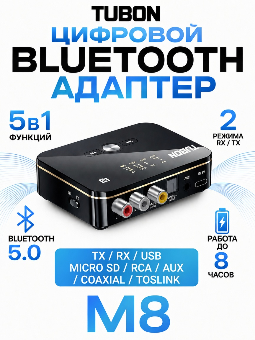 Адаптер Bluetooth Трансмиттер Ресивер (Приемник Передатчик аудио) Coaxial Optical TosLink AUX RCA MicroSD USB. M8