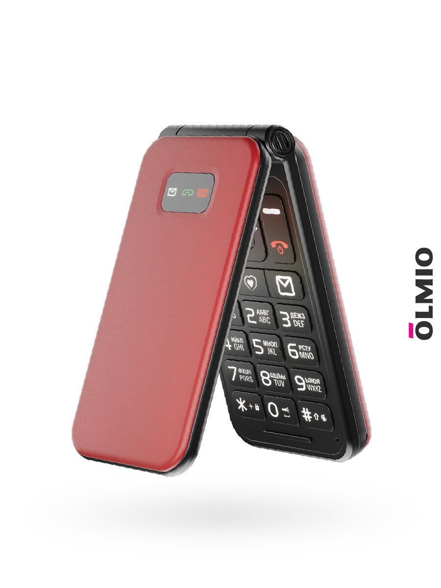 Olmio F19 — кнопочный телефон-раскладушка с крупными кнопками, SOS-кнопкой, фонариком, FM-радио и аккумулятором 800 mAh.