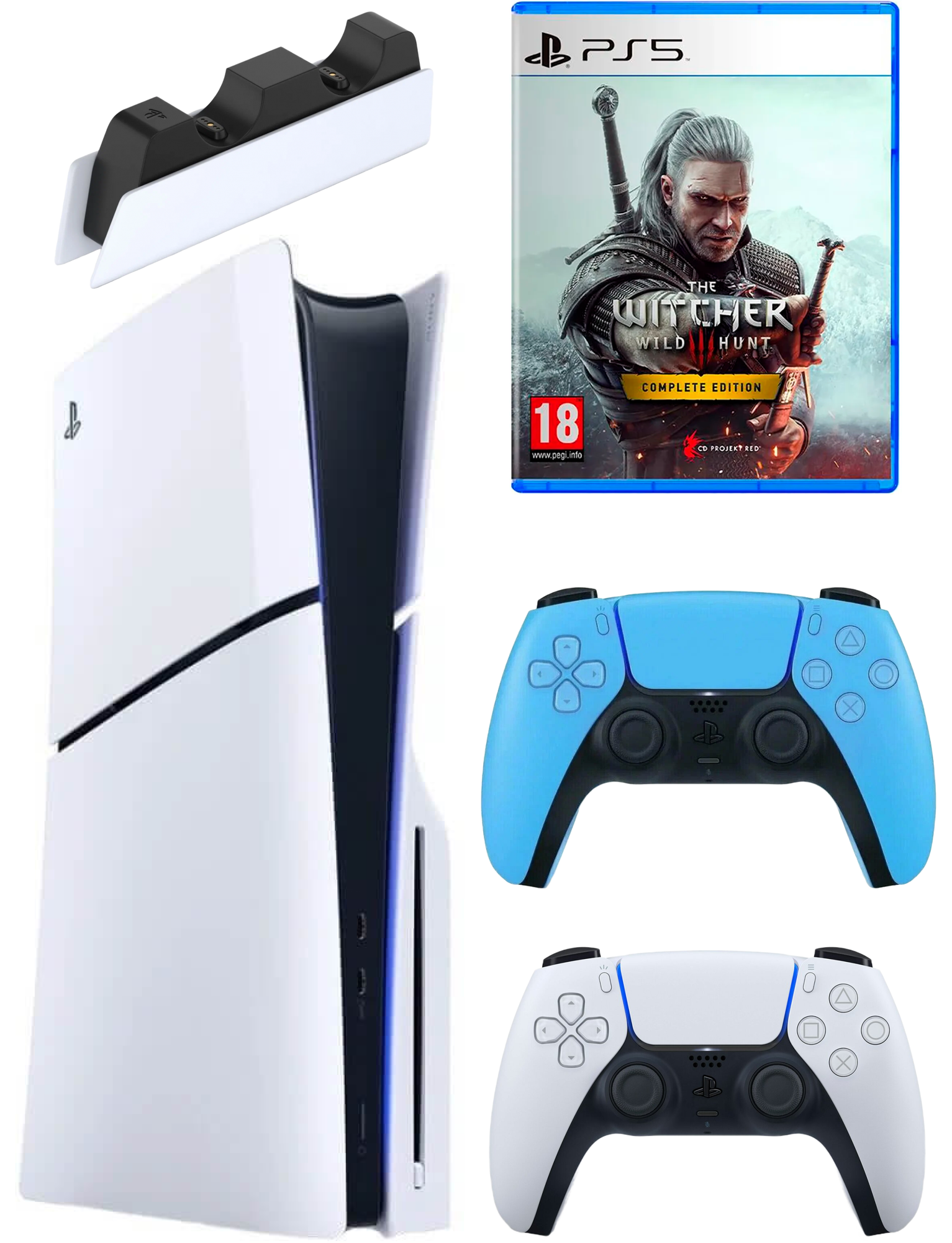 Игровая приставка Sony PS 5 Slim,1ТБ(с дисководом) +2-ой геймпад+Зарядная станция+The Witcher 3 : Wild Hunt