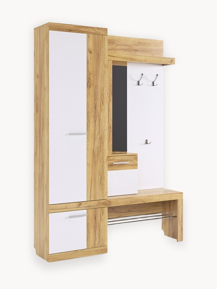 Узкая прихожая "Алекс" с зеркалом, цвет Дуб крафт золотой/белое дерево, 150*36*215 см, Mebelson