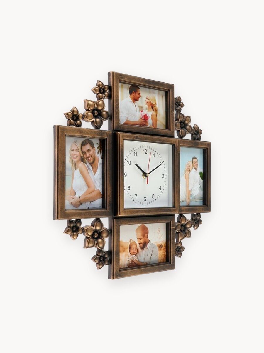 Часы настенные интерьерные, фоторамка - коллаж "Цветы", бесшумные, 42 х 42 см, 14 х 14 см