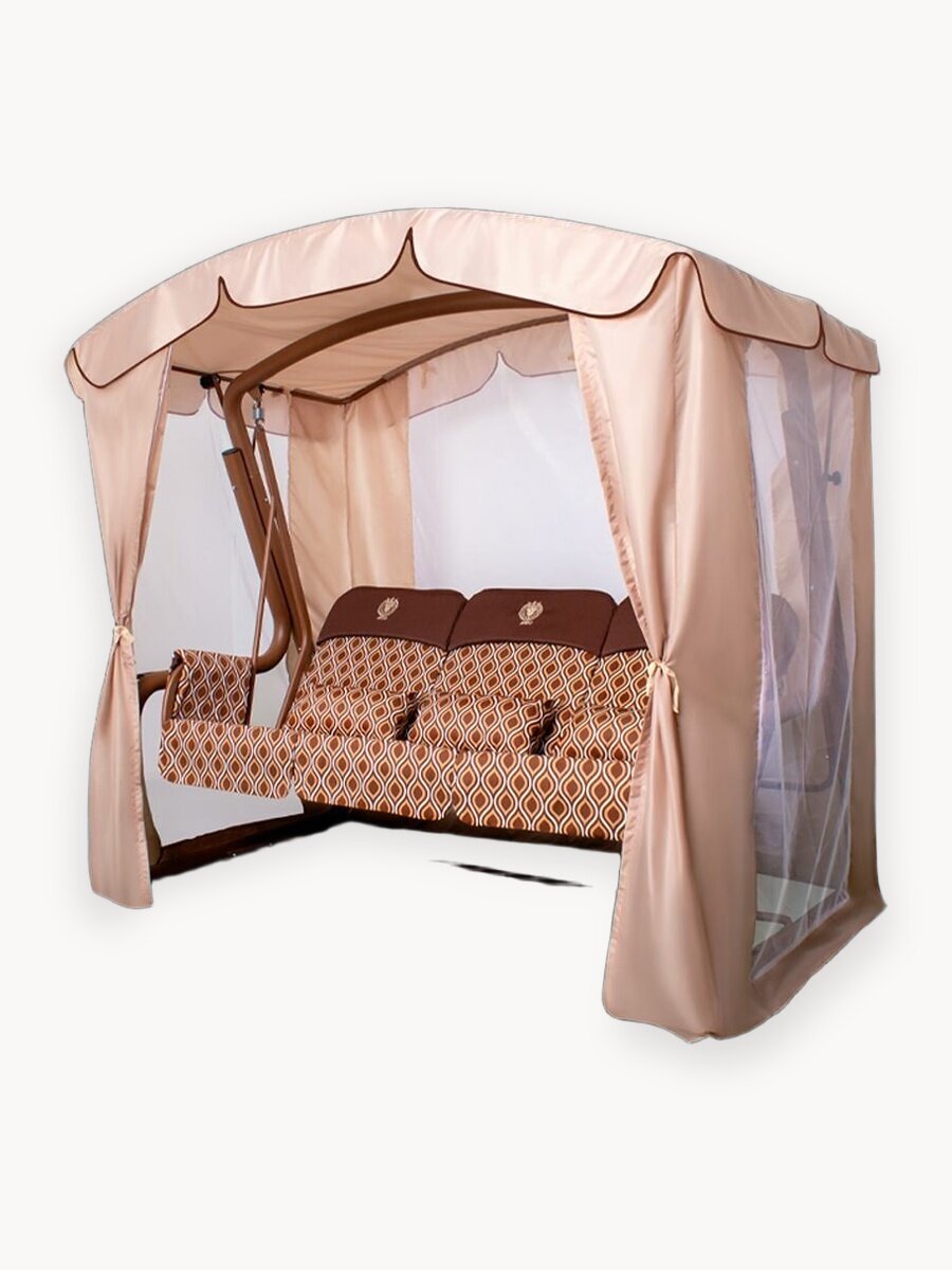 Уличные садовые качели монарх мини шоколад для дачи трехместные подвесные с тентом и москитной сеткой