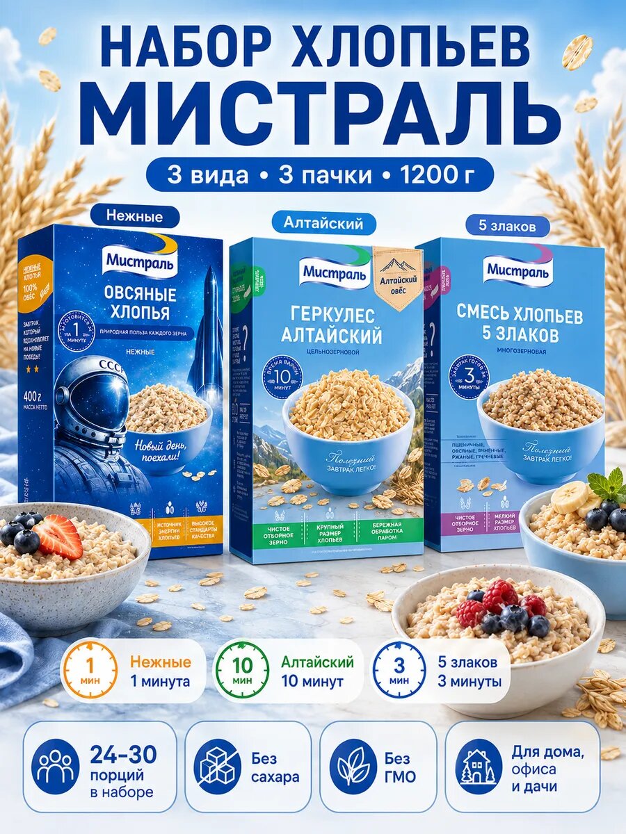 Набор хлопья овсяные Мистраль 3 упаковки по 400 г, всего 1200 г: Нежные, Геркулес Алтайский, 5 злаков, ассорти 3 вида для каши на молоке и воде, для завтрака